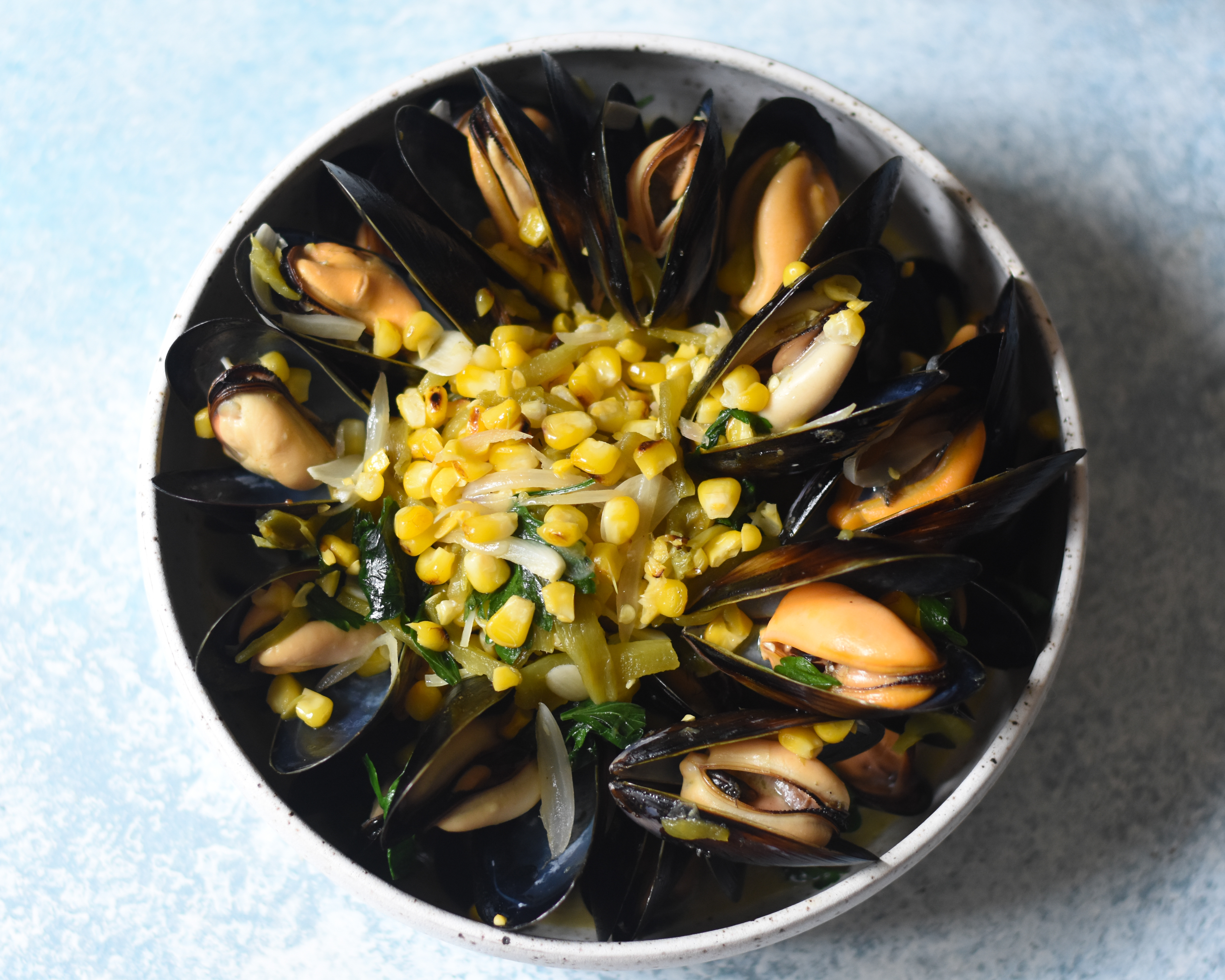 Mussels with Corn and Hatch Chiles – Down to a Simmer